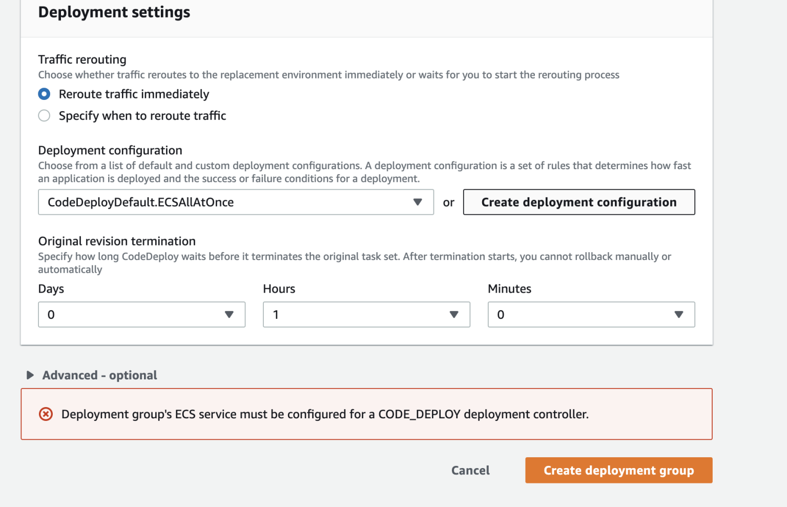 CodeDeployでECSにデプロイしようとした時にDeployment group’s ECS service must be configured for a CODE_DEPLOY ...